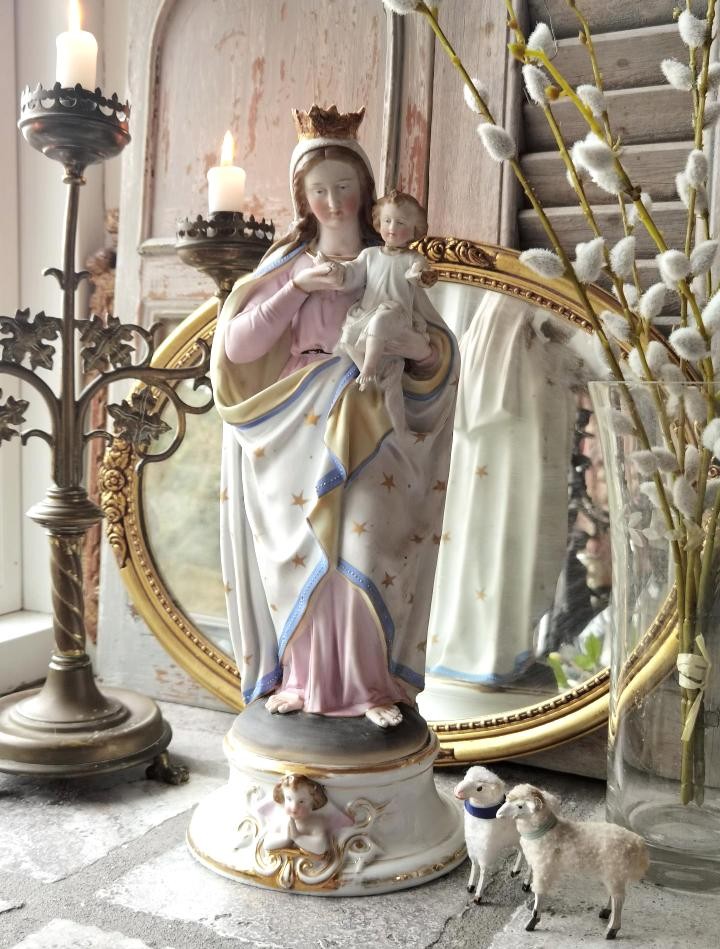 Antik Madonna med Barn Porcelæn [H38,5cm] Pastel*
